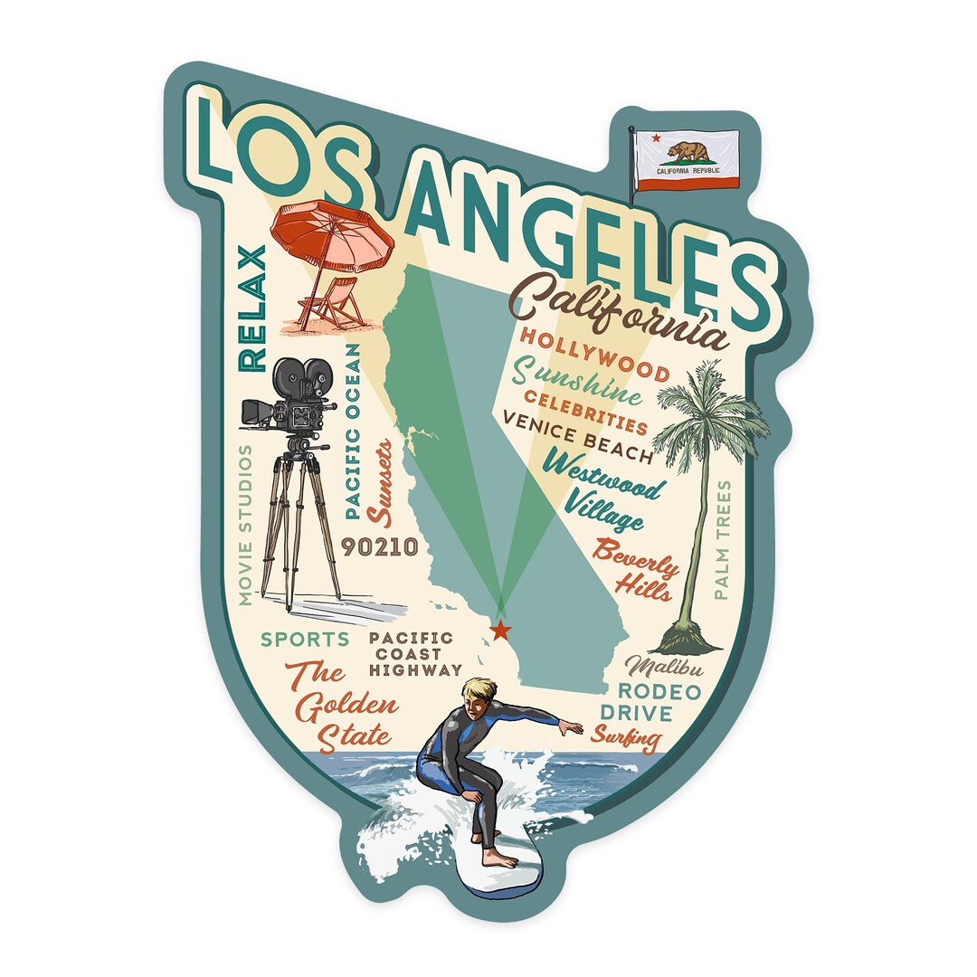 Sticker, Los Angeles, California, Typography and Icons, , Vinyl Die Cut ...