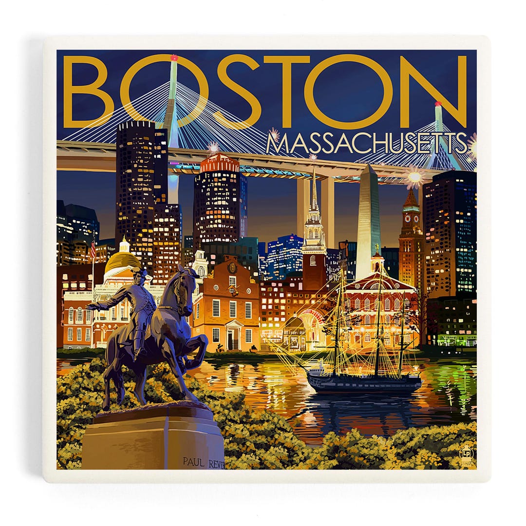 Coasters, Boston, Massachusetts, Skyline at Night, Cork Back, Absorbent ...