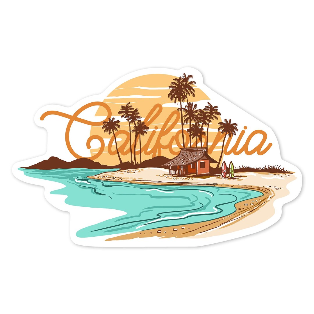 Sticker, California Beach Scene Line Drawing , Vinyl Die Cut ...