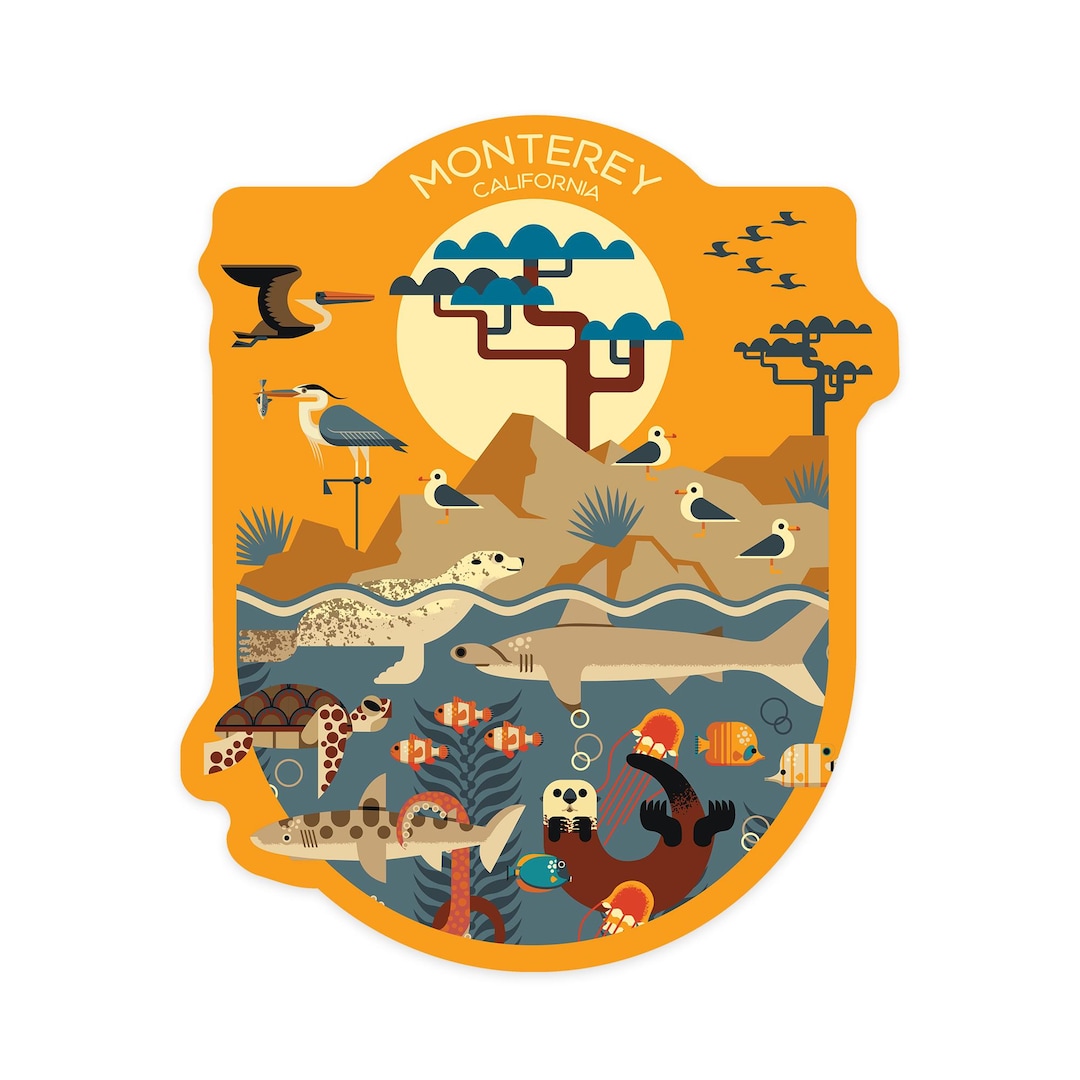 Sticker, Monterey California, Marine Animals, Geometric, Contour ...