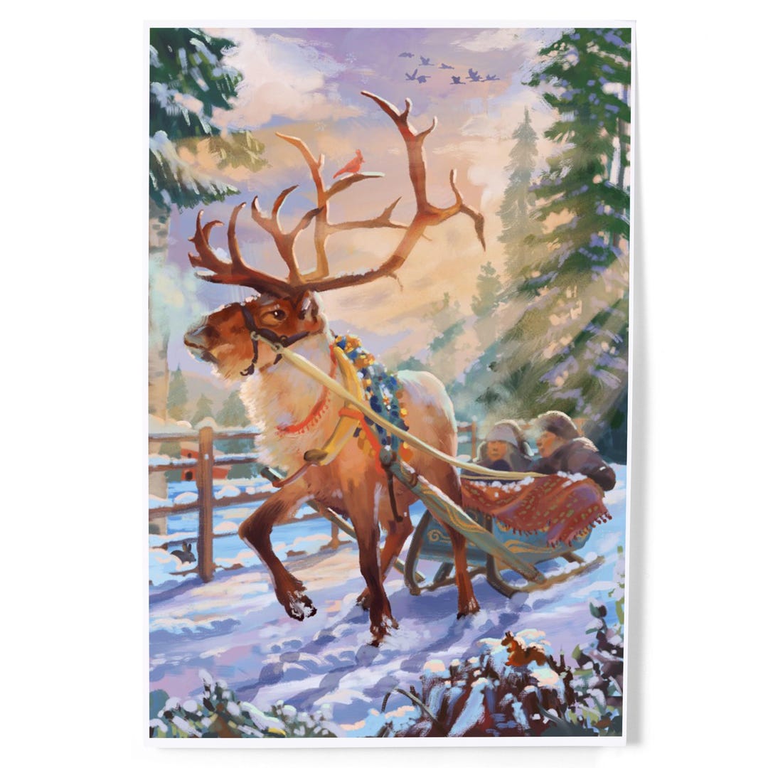 Prints, Holiday Tradition, Reindeer Sleigh Ride Through Mountain Snow ...