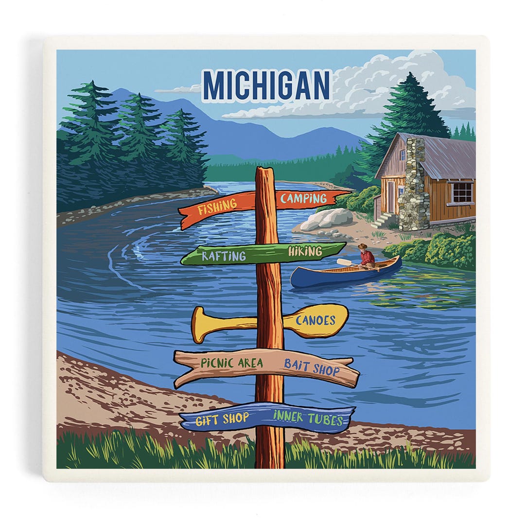 Coasters, Michigan, Signpost, River, Cork Back, Absorbent Ceramic ...