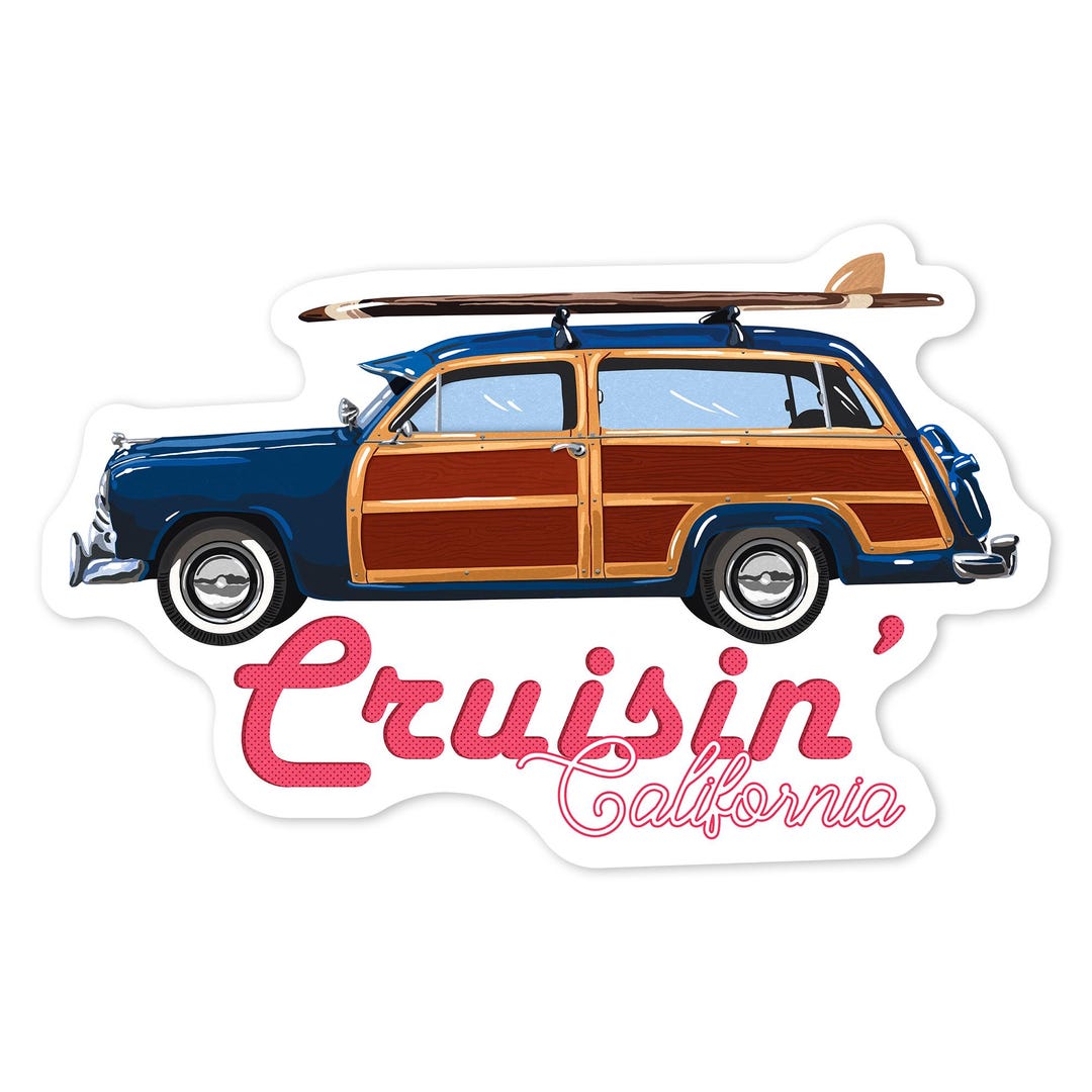 Sticker, Cruisin' California, Retro Woody and Surfboard, Contour ...