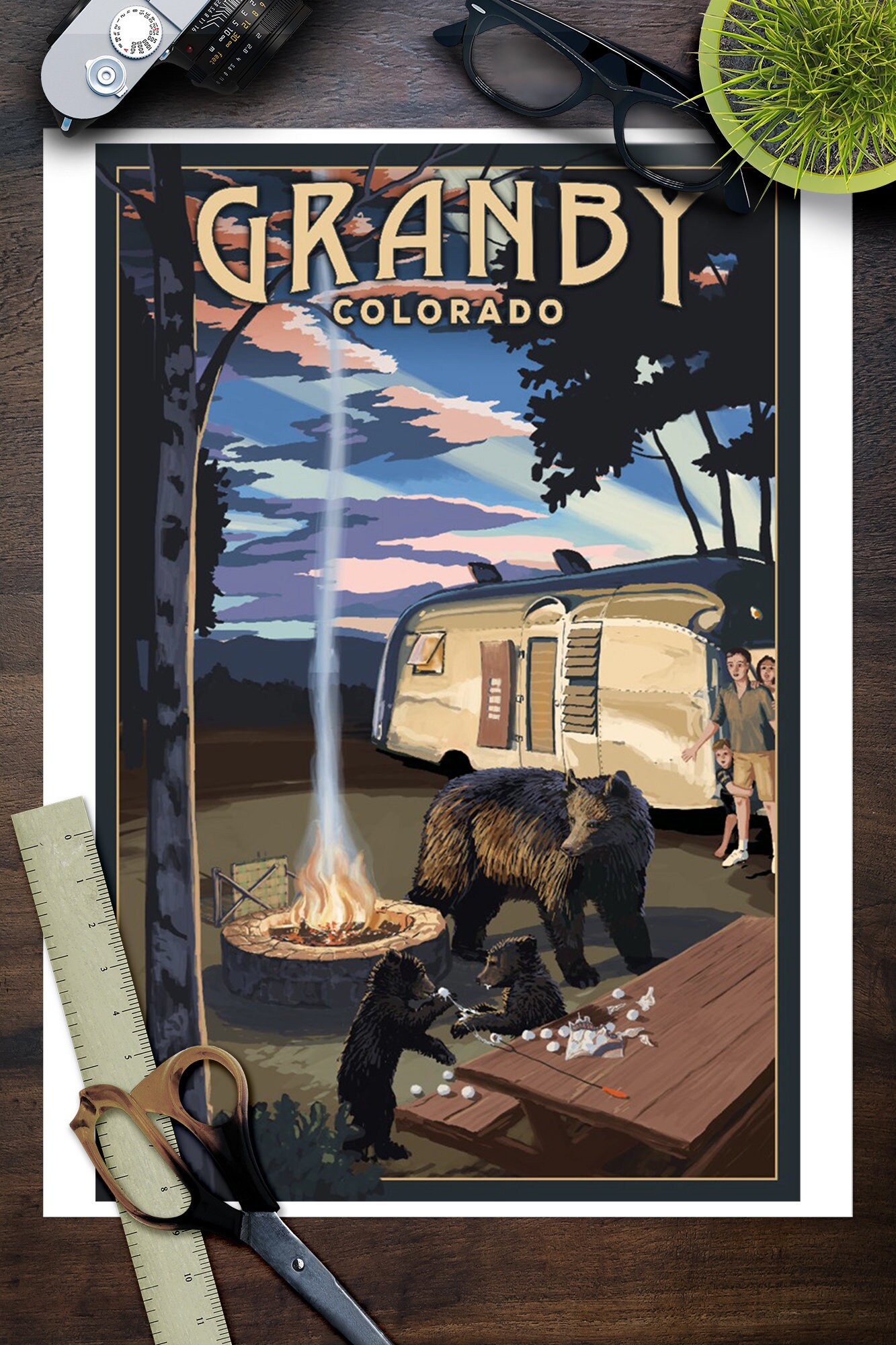 Home Décor Retro Camper and Lake with Bear Family Posters Hang Ready ...