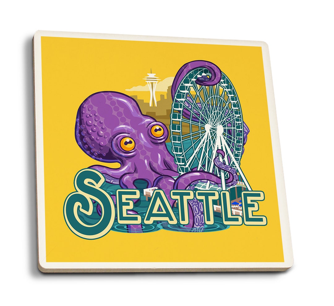 Coaster Set Seattle Washington Giant Octopus Contour - Etsy