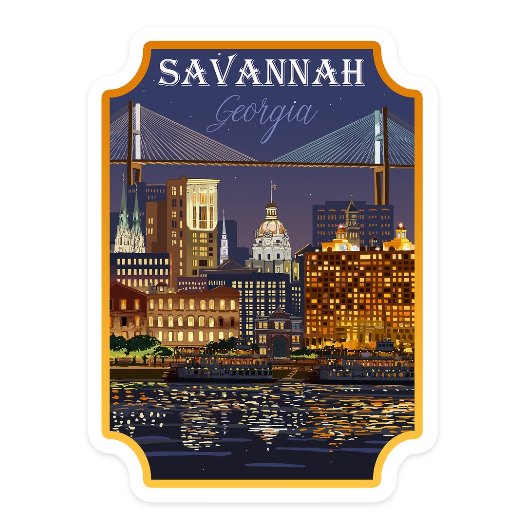 Sticker, Savannah, Georgia, City at Night, Contour, Lantern Press ...
