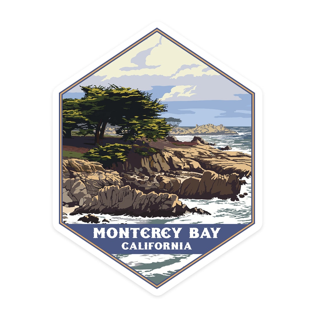 Sticker, Monterey Bay, California, Rocky Shore & Cypress Tree, Contour ...