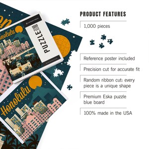 Puzzle, Honolulu, Hawaii, Retro Skyline, 1000 Pieces, Unique Jigsaw ...