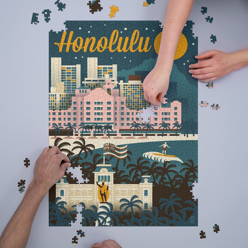 Puzzle Honolulu Hawaii Retro Skyline Lantern Press | Etsy