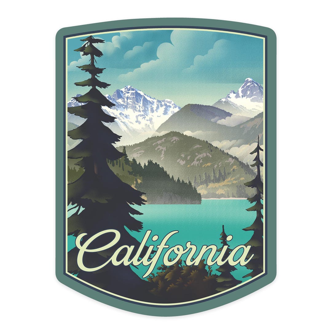 Sticker, California, Lithograph, Lake and Mountains Scene, Contour ...