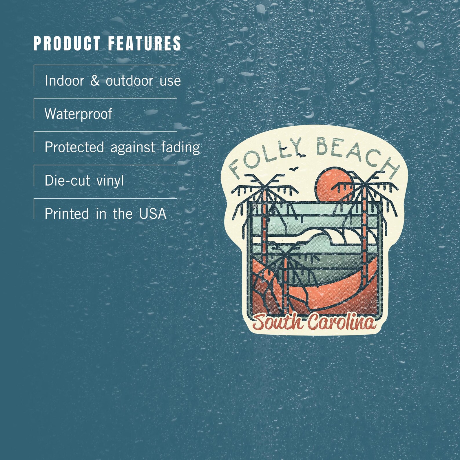 Sticker, Folly Beach, South Carolina, Palm Trees and Beach Scene, Block ...