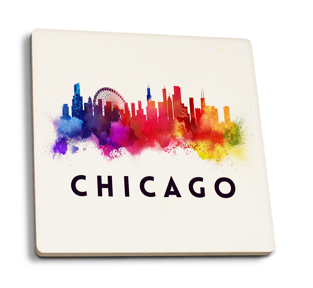 Coaster Set, Chicago, Illinois, Skyline Abstract, White, Lantern Press ...