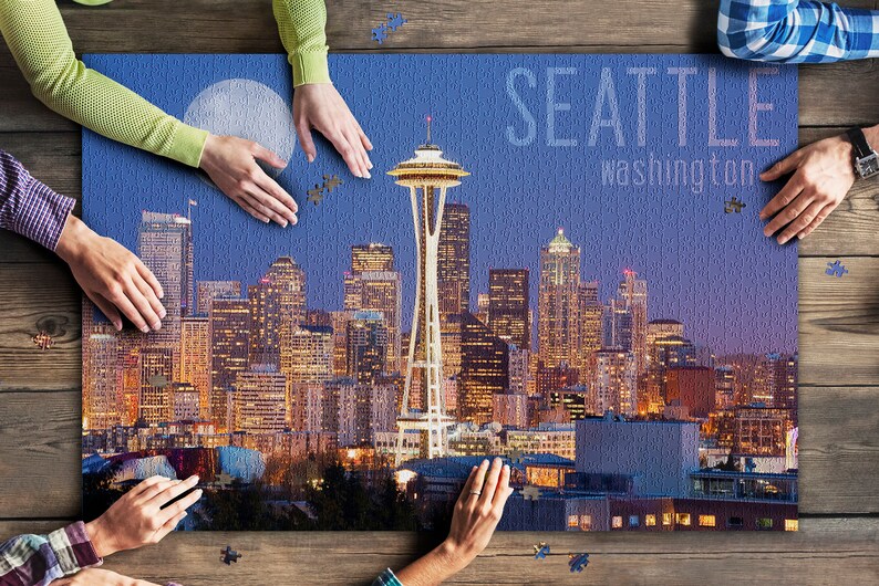 Puzzle Seattle Washington Skyline and Full Moon 1000 - Etsy