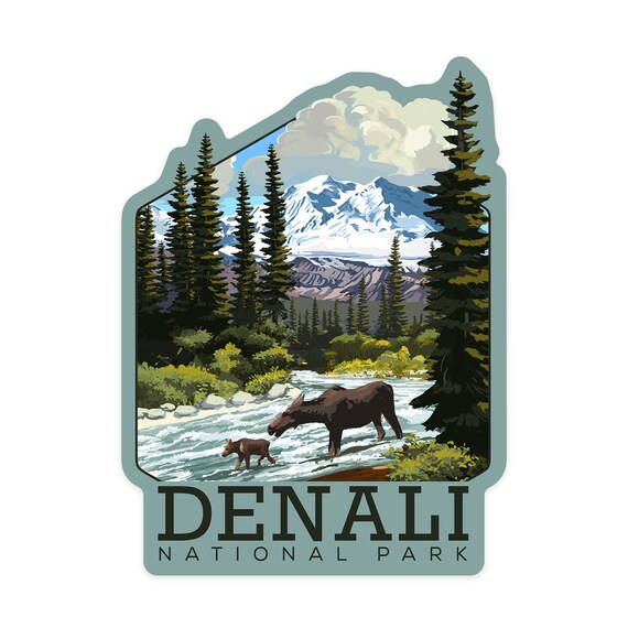 Sticker Denali National Park Alaska Moose & River Rapids | Etsy