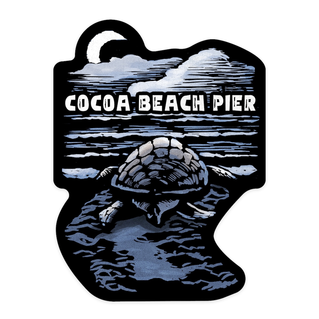 Sticker, Cocoa Beach Pier, Florida, Sea Turtle on Beach, Scratchboard ...