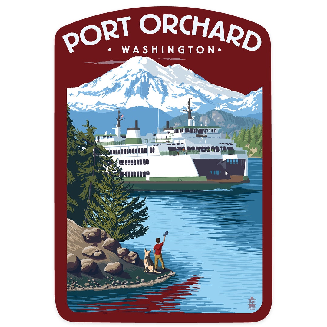 Sticker, Port Orchard, Washington, Ferry Scene With Boy, Contour ...