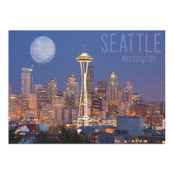 Puzzle Seattle Washington Skyline and Full Moon 1000 - Etsy
