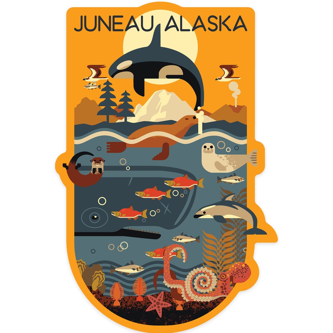 Sticker, Juneau, Alaska, Marine Animals, Geometric, Contour , Vinyl Die ...