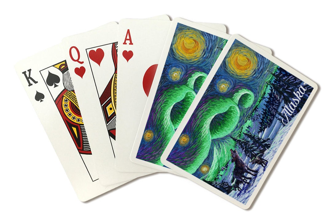 Playing Cards, Alaska, Northern Lights With Wolf and Cubs, Starry Night ...