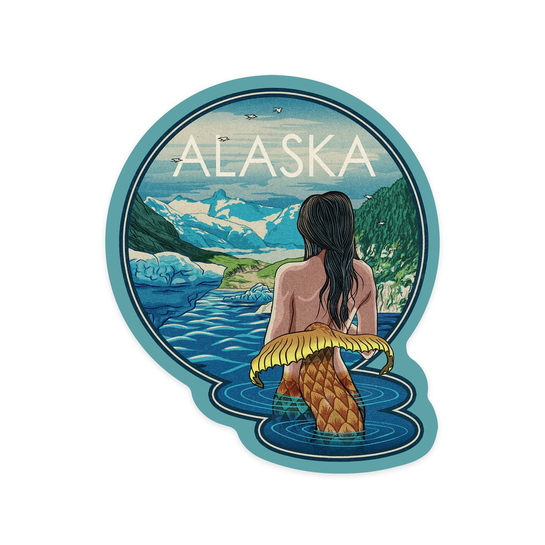 Sticker Alaska Mermaid and Glaciers Woodblock Print - Etsy