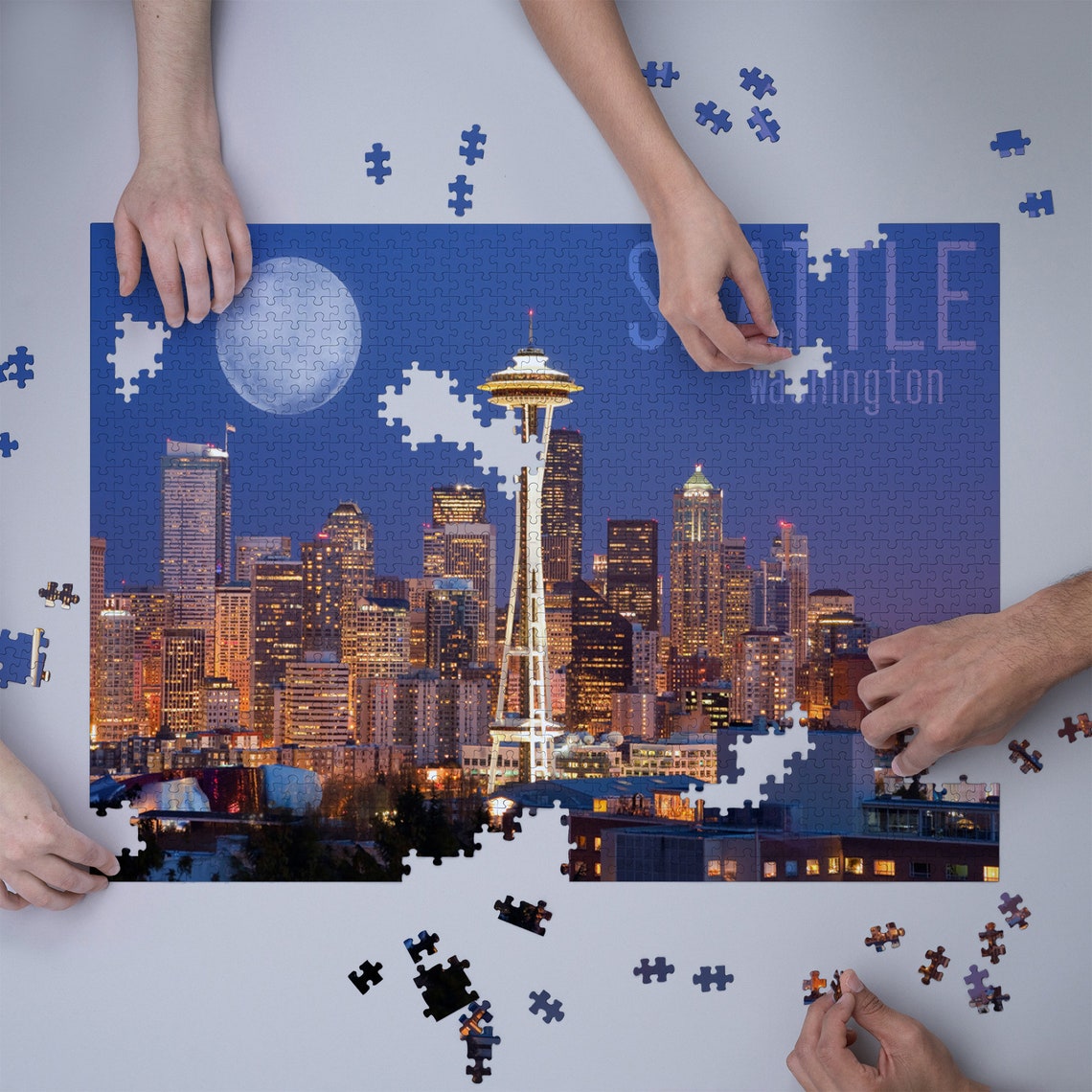 Puzzle Seattle Washington Skyline and Full Moon 1000 - Etsy