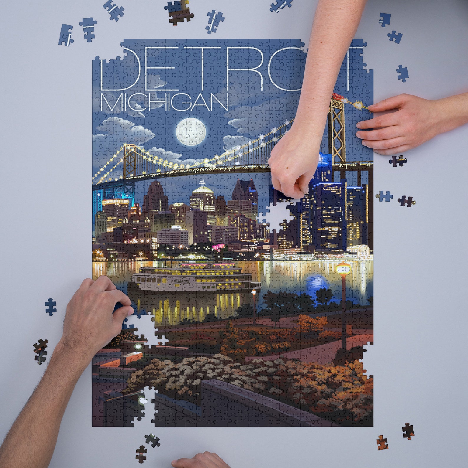 Puzzle Detroit Michigan Skyline at Night Lantern Press | Etsy