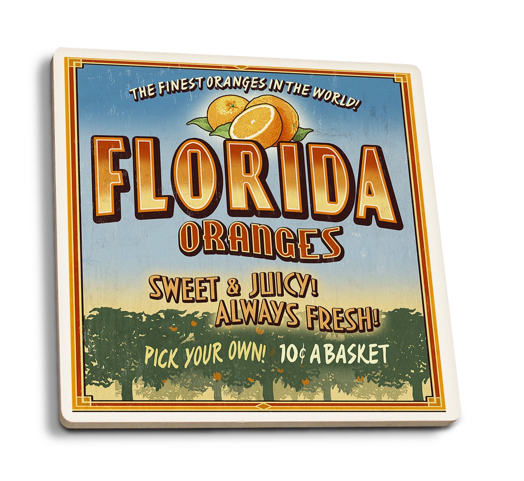 Coaster Set, Florida, Orange Grove Vintage Sign, Lantern Press Artwork ...