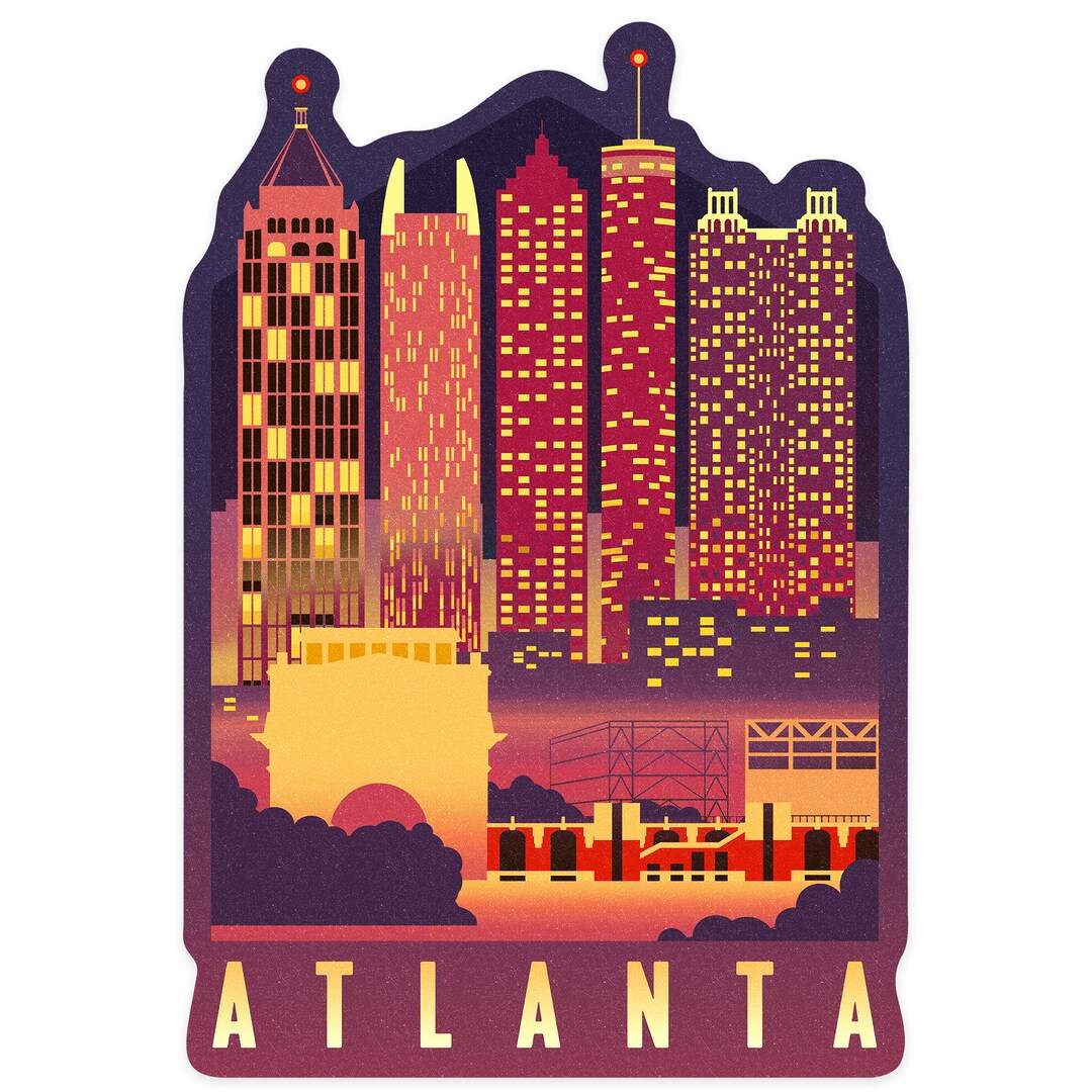 Sticker, Atlanta, Georgia, Neon Skyline, Contour, Lantern Press Artwork ...