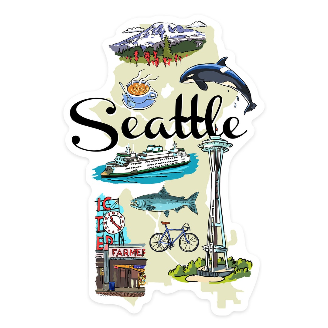 Sticker, Seattle, Washington, Landmarks and Icons, Contour , Vinyl Die ...