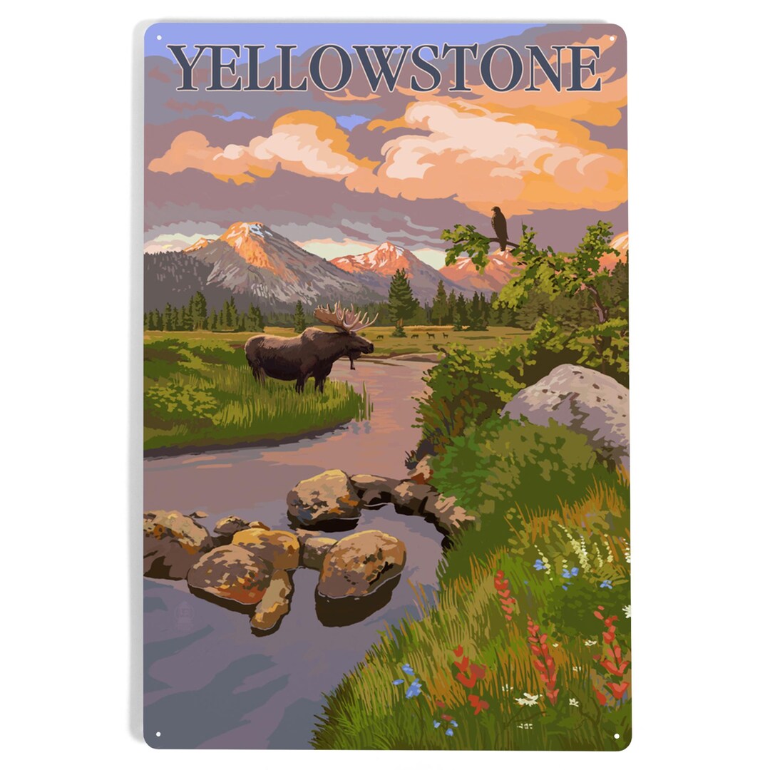 Metal Signs, Yellowstone National Park, Moose and Mountain Stream at ...