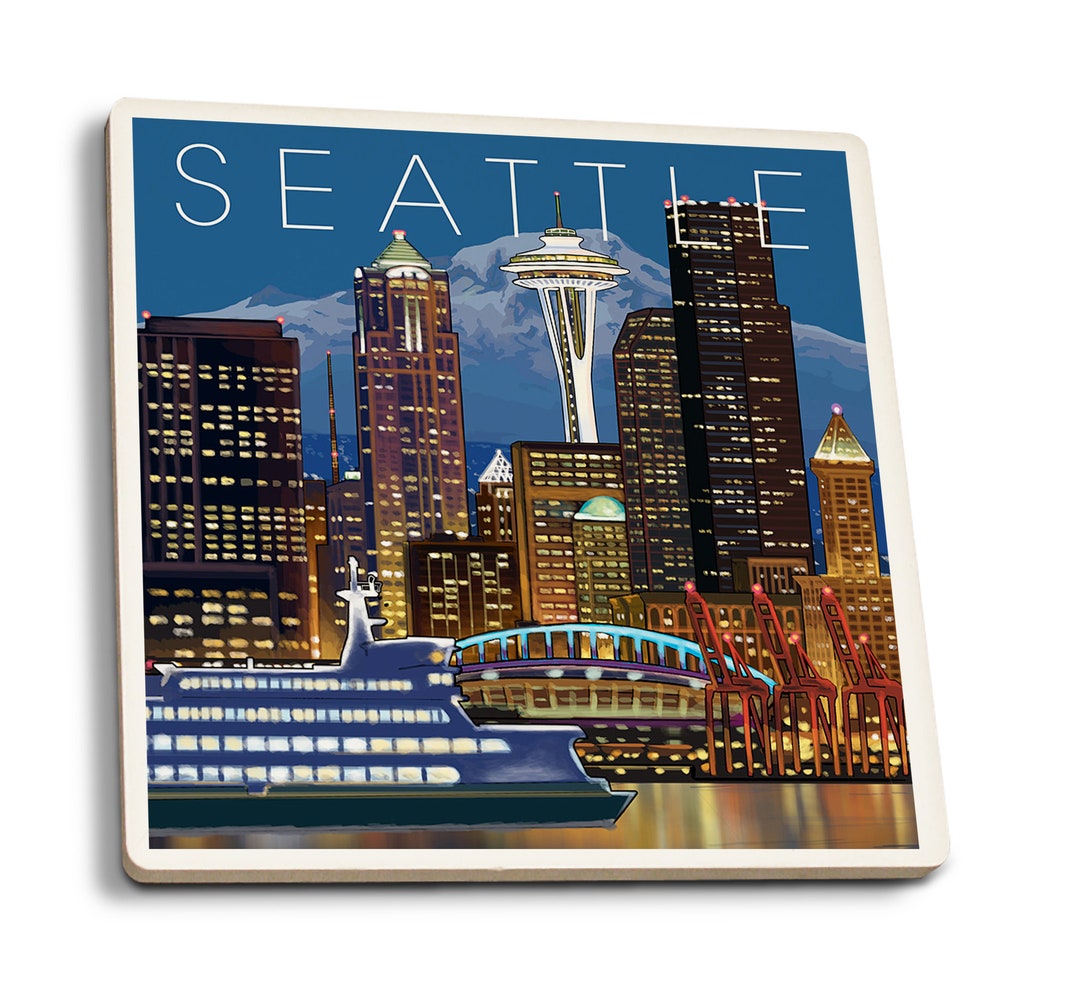 Coaster Set, Seattle, Washington, Skyline at Night, Lantern Press ...