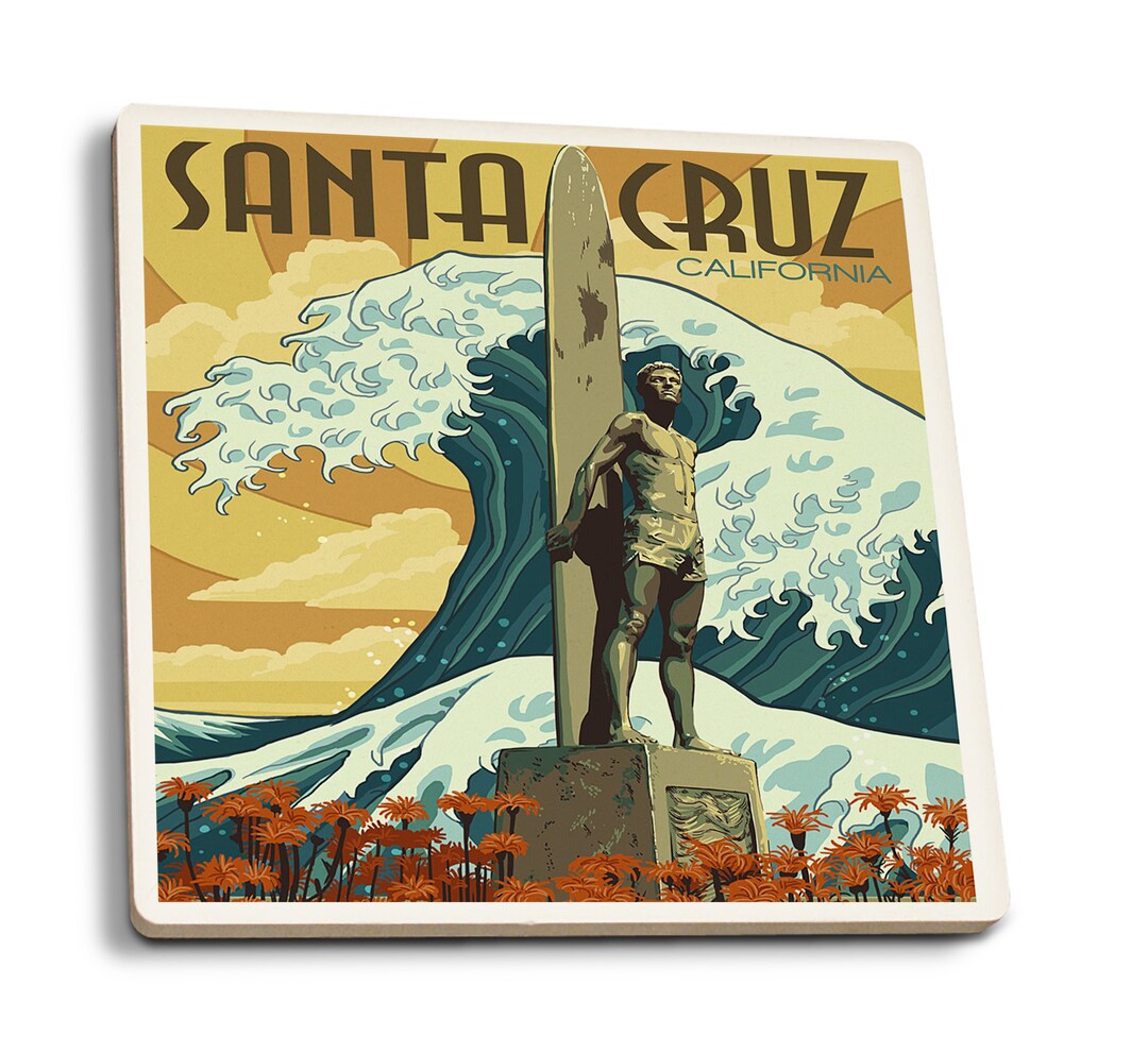 Coaster Set, Santa Cruz, California, Surfer Statue, Lantern Press ...