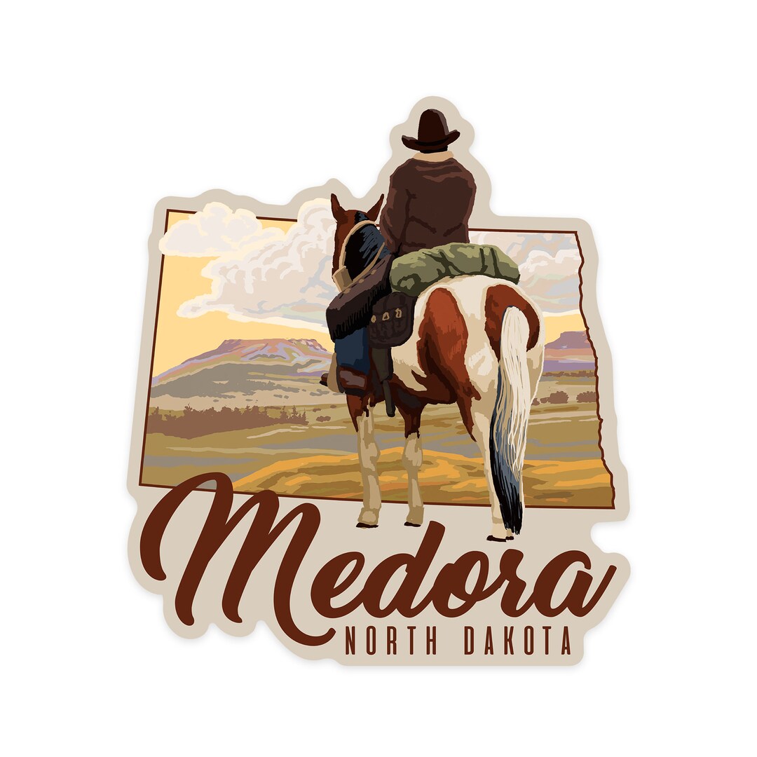 Sticker, Medora, North Dakota, Cowboy on Ridge, Contour, Lantern Press ...