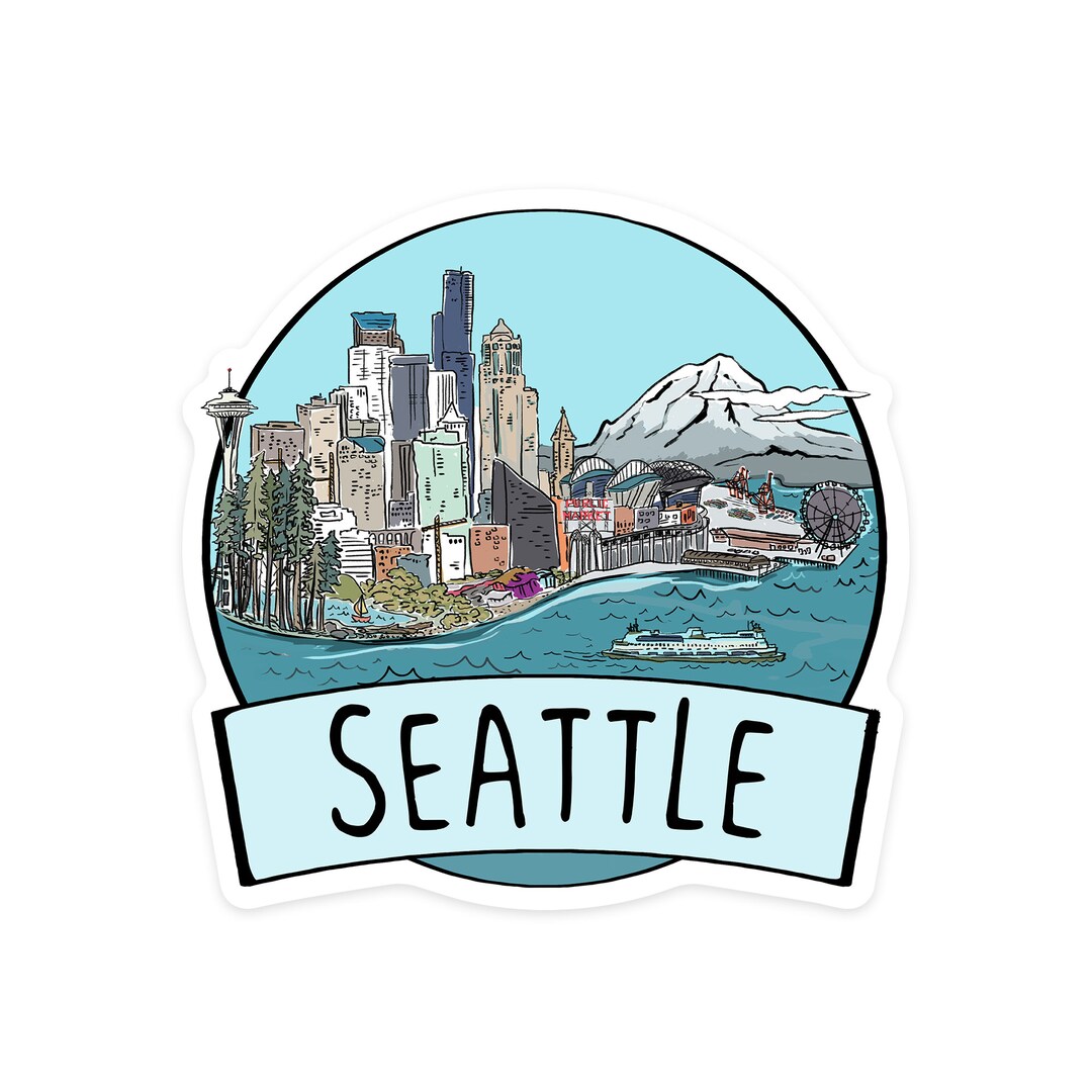 Sticker, Seattle, Washington, Cityscape, Line Drawing, Contour, Lantern ...