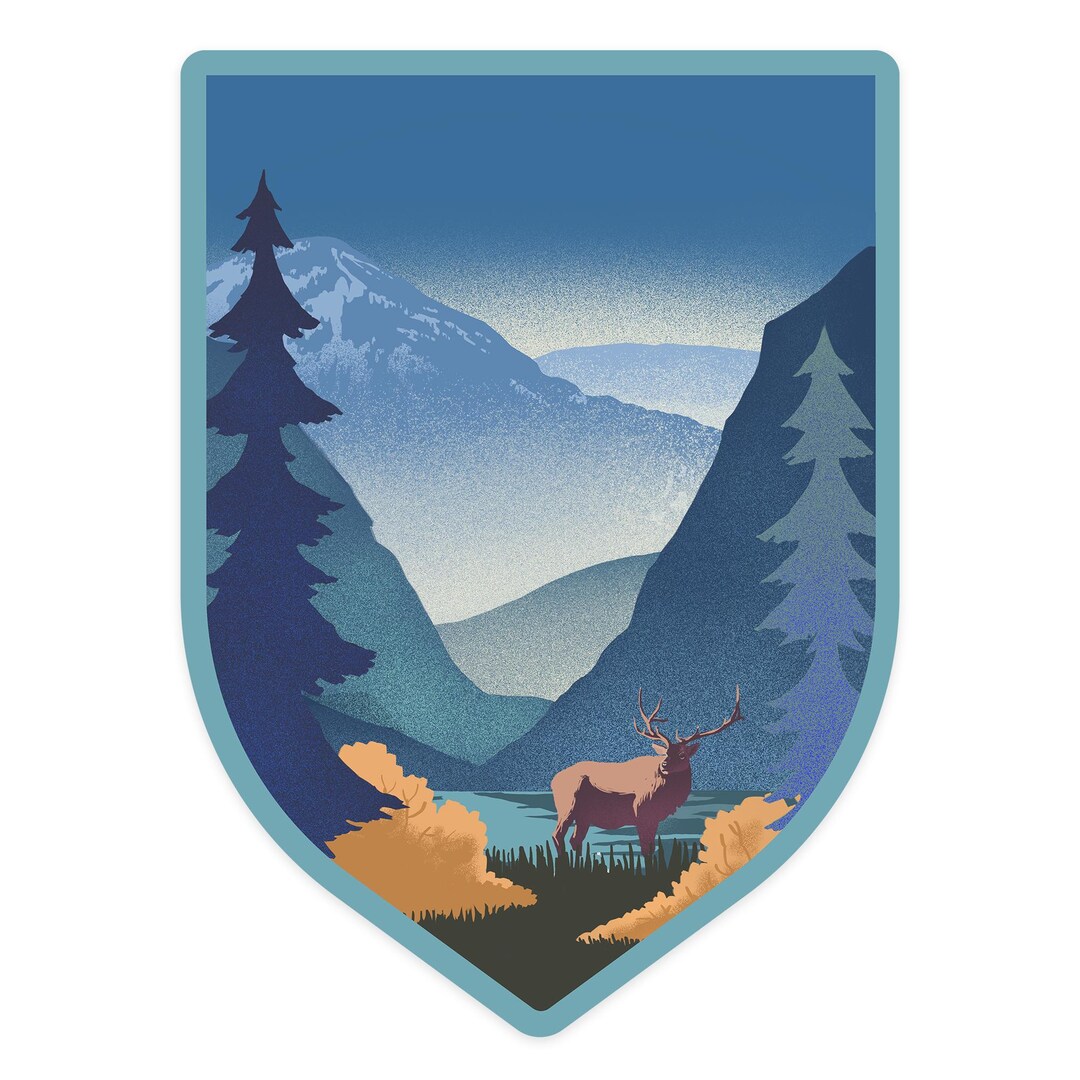 Sticker, Lithograph, Elk and Mountains Scene, Contour , Vinyl Die Cut ...