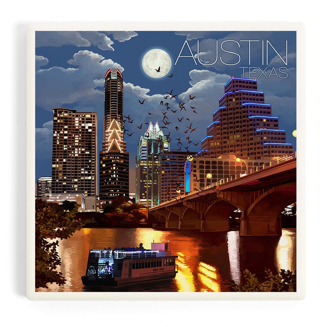 Coasters, Austin, Texas, Skyline at Night, Cork Back, Absorbent Ceramic ...