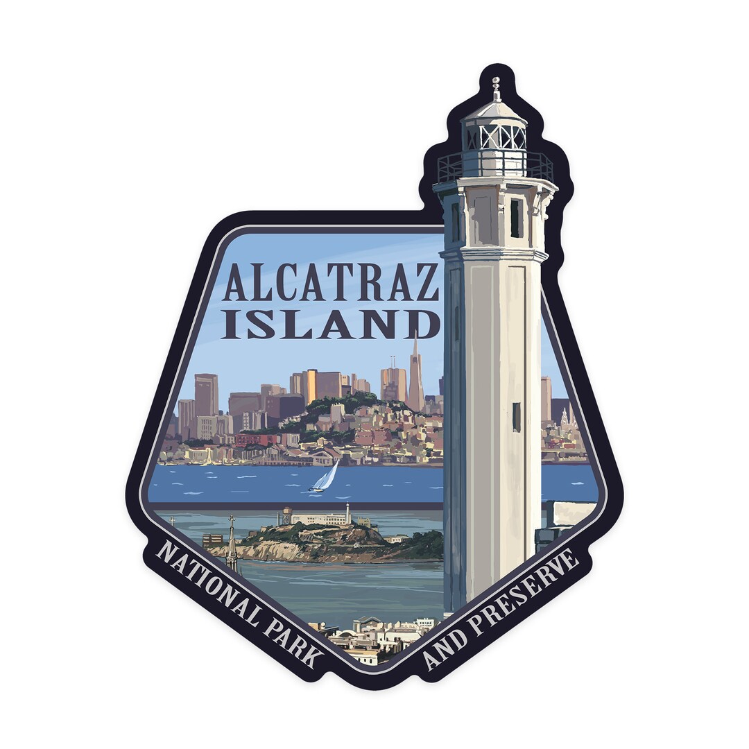 Sticker, San Francisco, CA, Alcatraz Island and City, Contour, Lantern ...