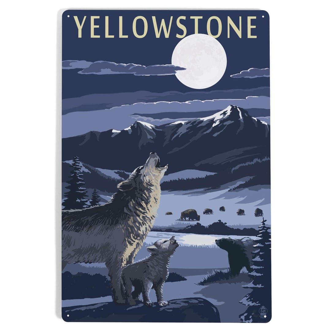 Metal Signs, Yellowstone National Park, Wyoming, Wolves and Full Moon ...