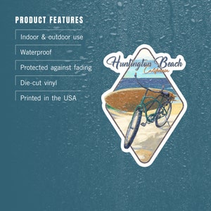 Sticker, Huntington Beach, California, Beach Cruiser on Beach, Contour ...