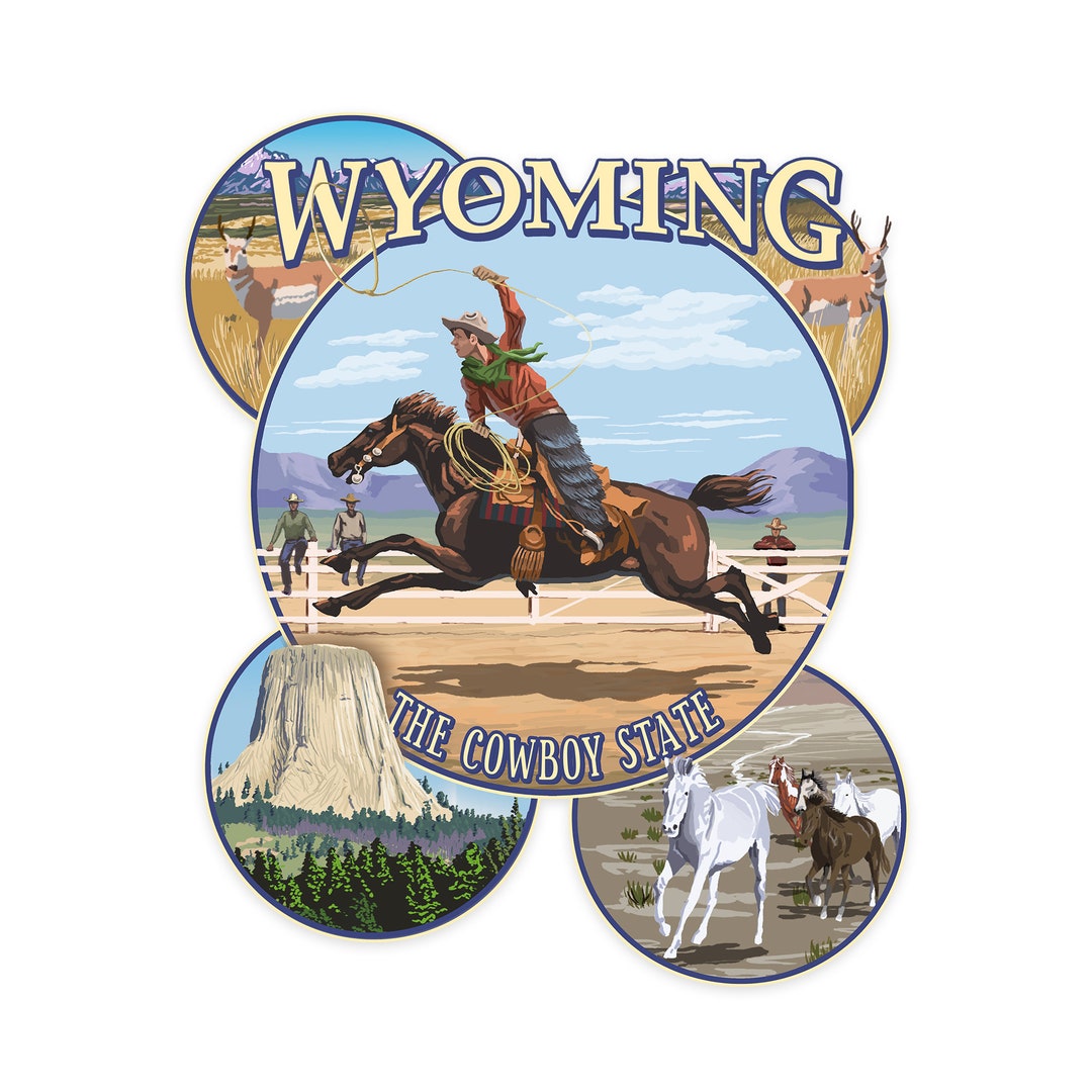 Sticker, Wyoming, the Cowboy State, Sites and Rodeo Montage, Contour ...