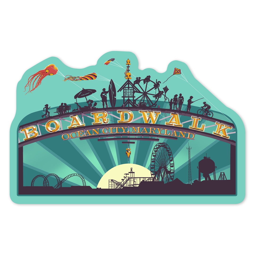 Sticker, Ocean City, Maryland, Boardwalk Sign, Contour, Lantern Press ...