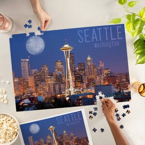 Puzzle, Seattle, Washington, Skyline and Full Moon, 1000 Pieces, Unique ...