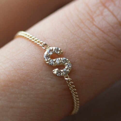 Mini Diamond Letter Ring in 14k Solid Gold 14k Dainty Chain - Etsy