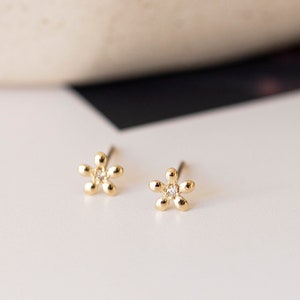 14k Gold Tiny Flower Stud Earrings With Diamonds | Tiny Diamond Earrings in 14k Solid Gold ...