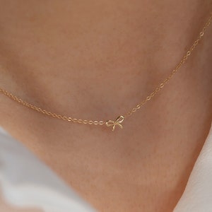 14k Gold Dainty Bow Necklace / Tiny Bow Necklace / Mini Ribbon Bow ...