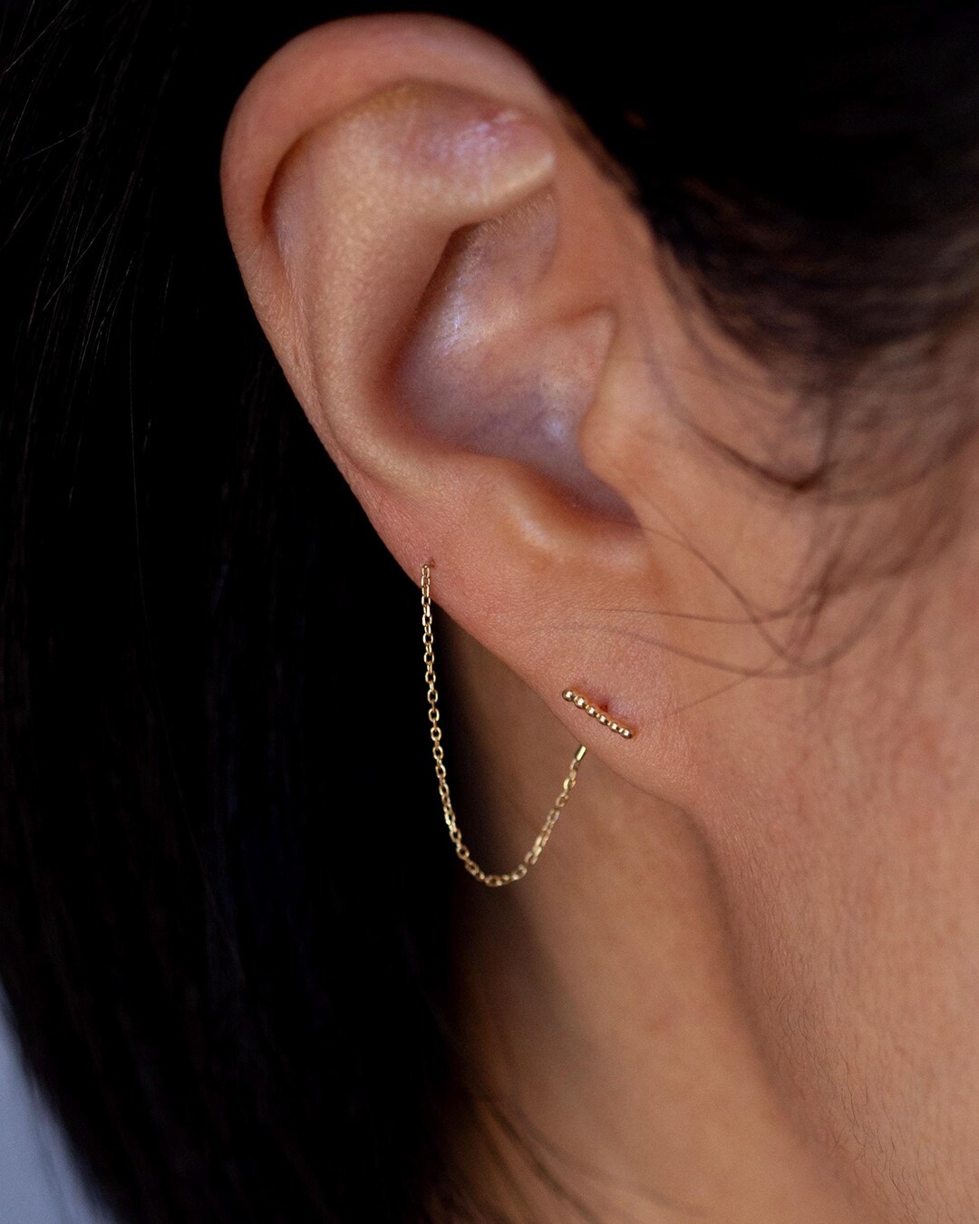 Beaded Bar Threader Solid Gold Earrings Double Piercing Two Hole ...