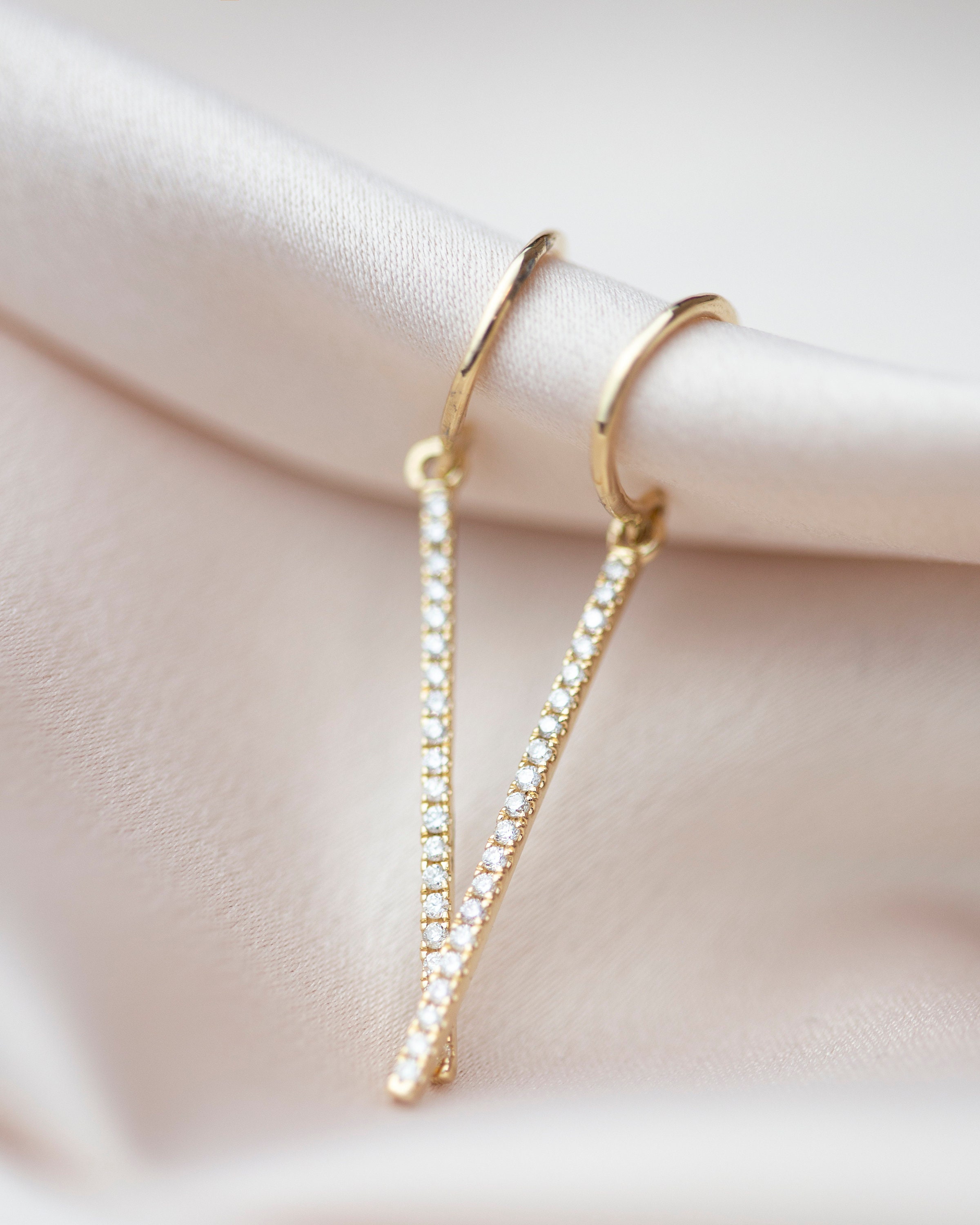 14k gold genuine diamond drop bar earrings // Modern diamond | Etsy