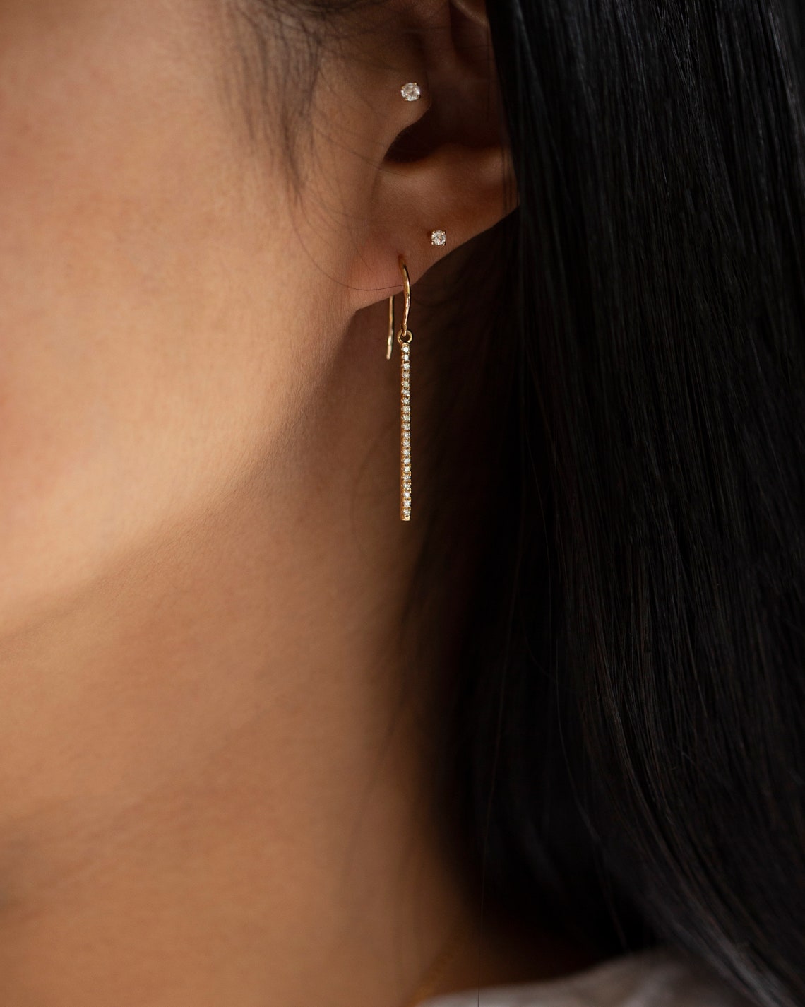 14k gold genuine diamond drop bar earrings // Modern diamond | Etsy