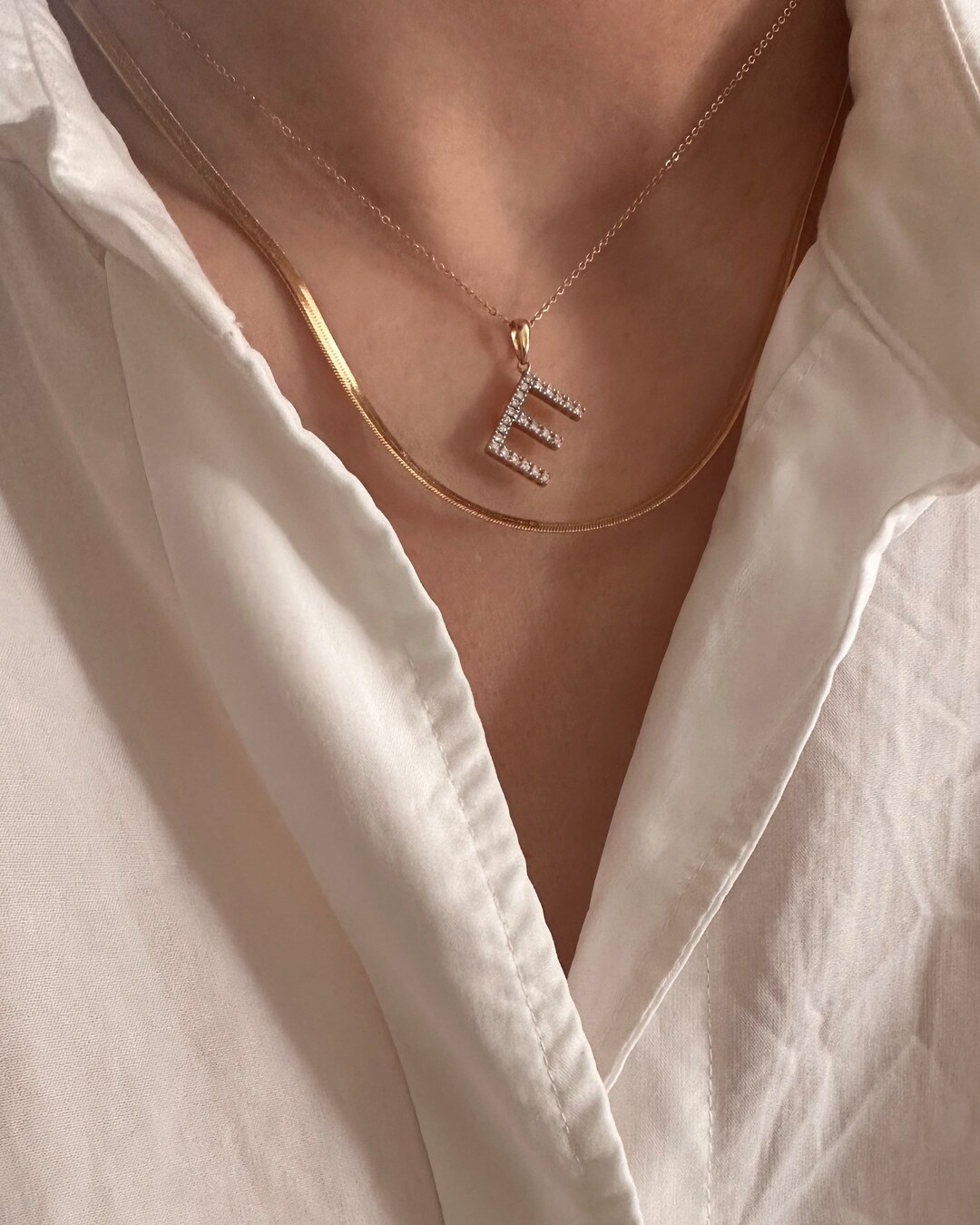 14K Solid Gold Real Diamond Initial Necklace Medium | Diamond Gift for ...