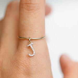 14K Gold Ring With Initial Diamond Charm / 14K Solid Gold Ring / Gold ...